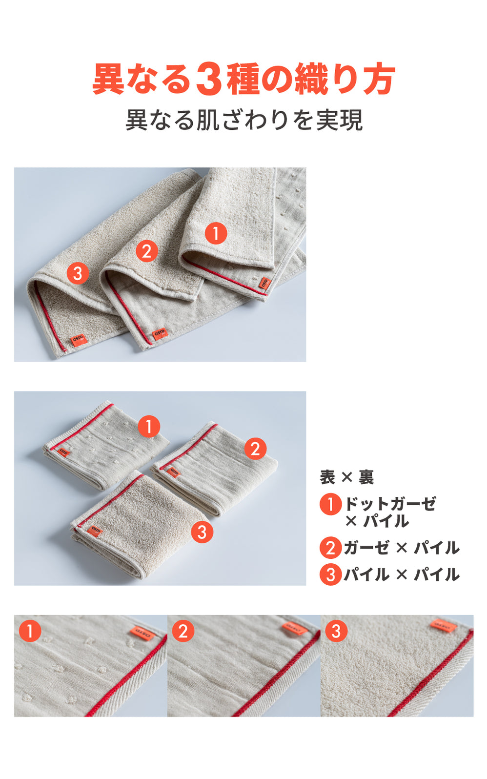 タオルハンカチ ハンドタオル 25 × 25 cm 異なる3種類の織り方 リネンベージュ 3枚 セット 綿100％ — タオルブランド OSTD plus【公式】- グッドデザイン賞受賞の ...